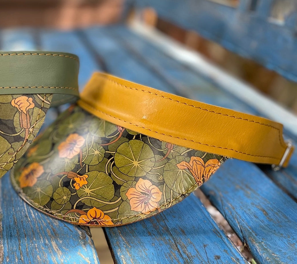 Mustard Yellow sun visor with Nasturtium print – Moss-Shop