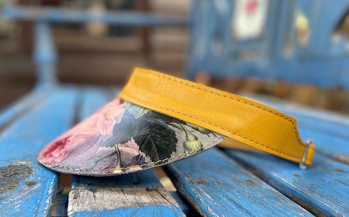 Mustard Yellow sun visor with Pink Rose print – Moss-Shop